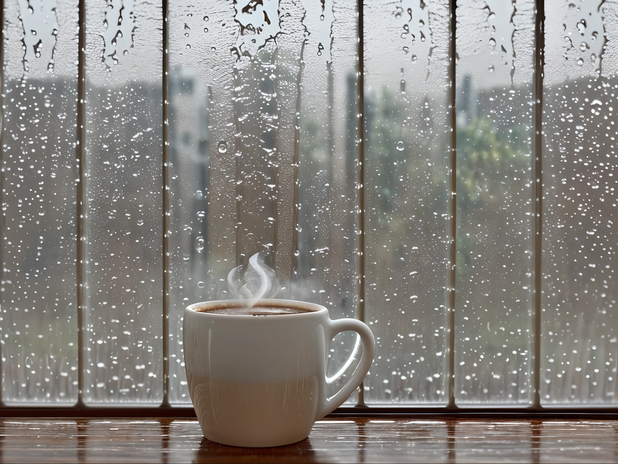 Araffe cup of coffee on a rainy day in front of a window - SeaArt AI