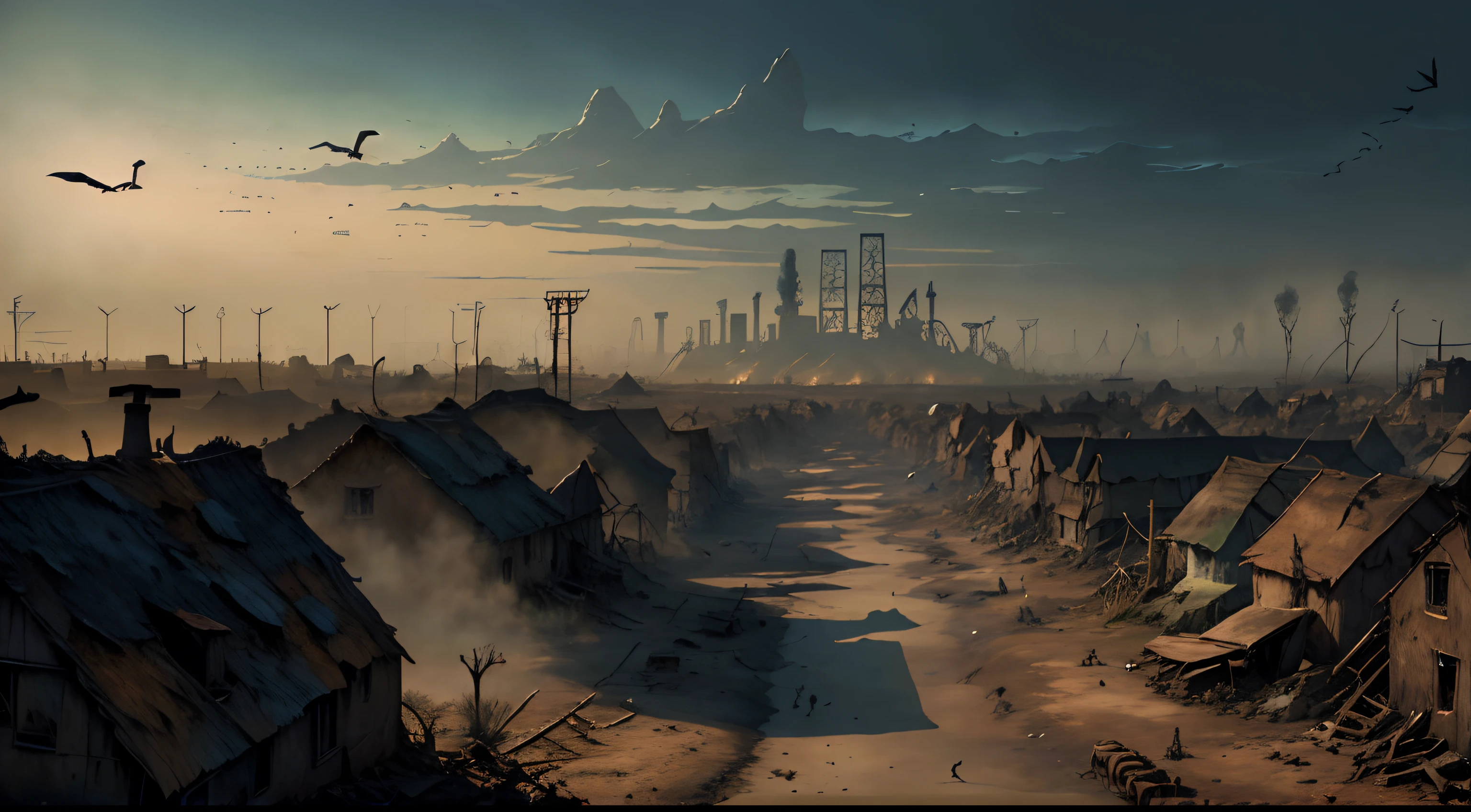 A close up of a city with a lot of buildings and birds flying around ...