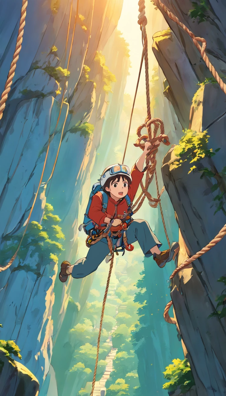 A cartoon boy is climbing up a rope in the mountains - SeaArt AI