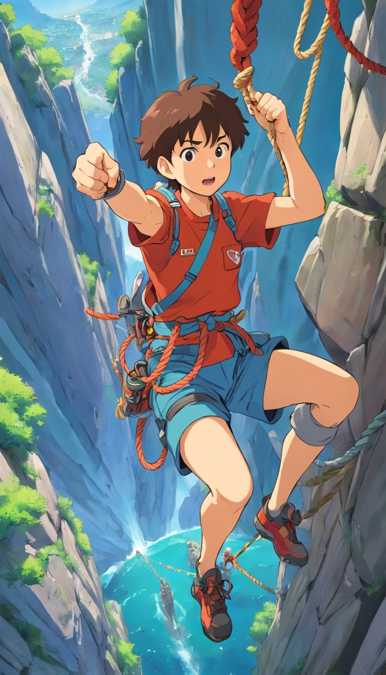 A cartoon image of a boy climbing a cliff with a rope - SeaArt AI