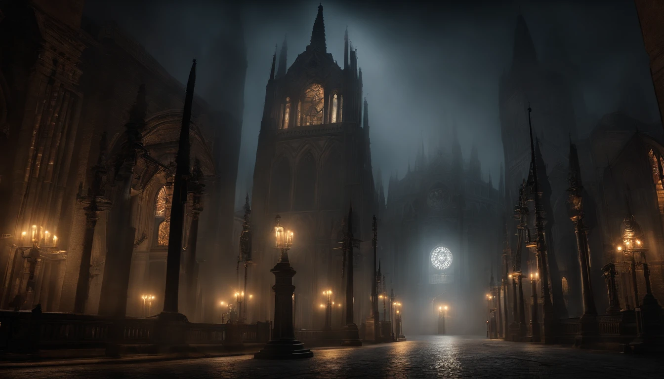 A dark street with a clock tower and lights in the fog - SeaArt AI