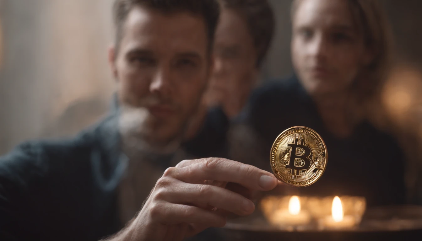A man holding a bit coin in front of a group of people - SeaArt AI