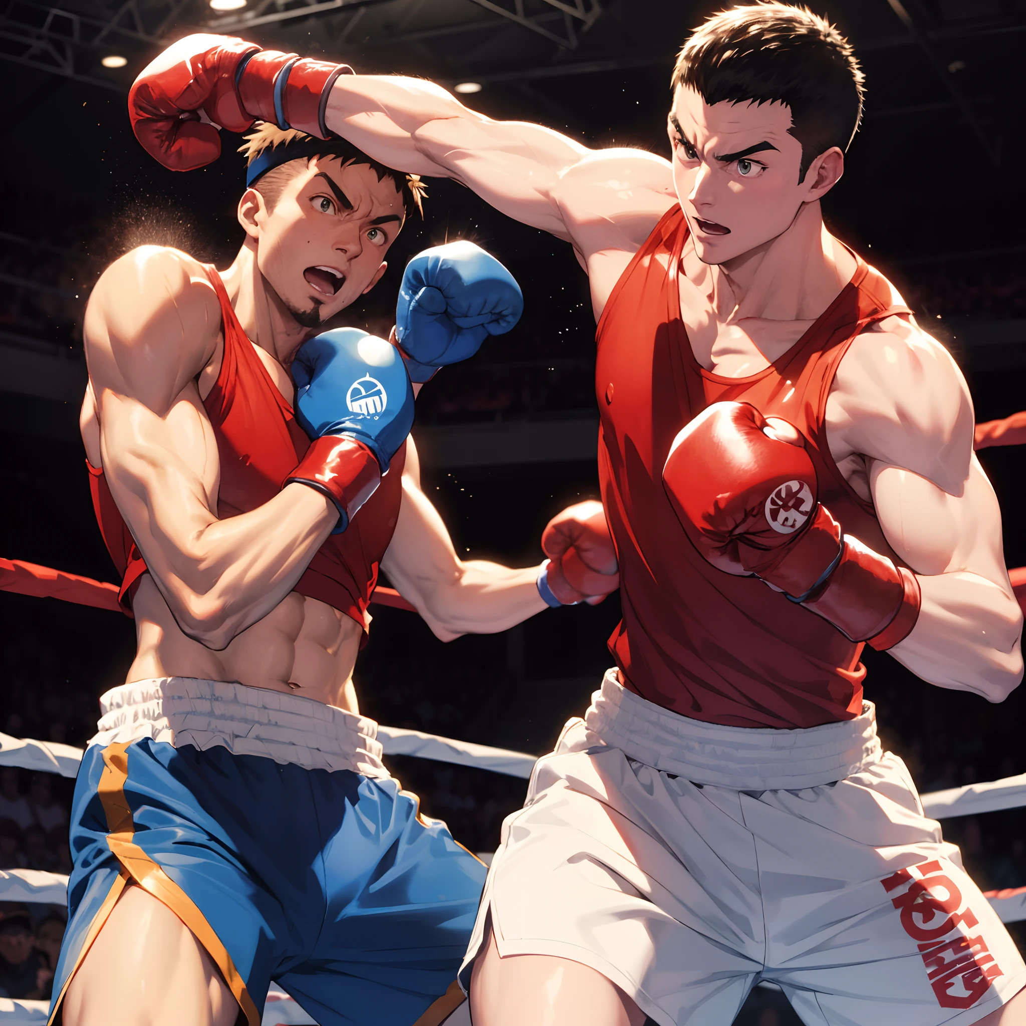 There are two boxers fighting in a boxing ring with one of them wearing ...