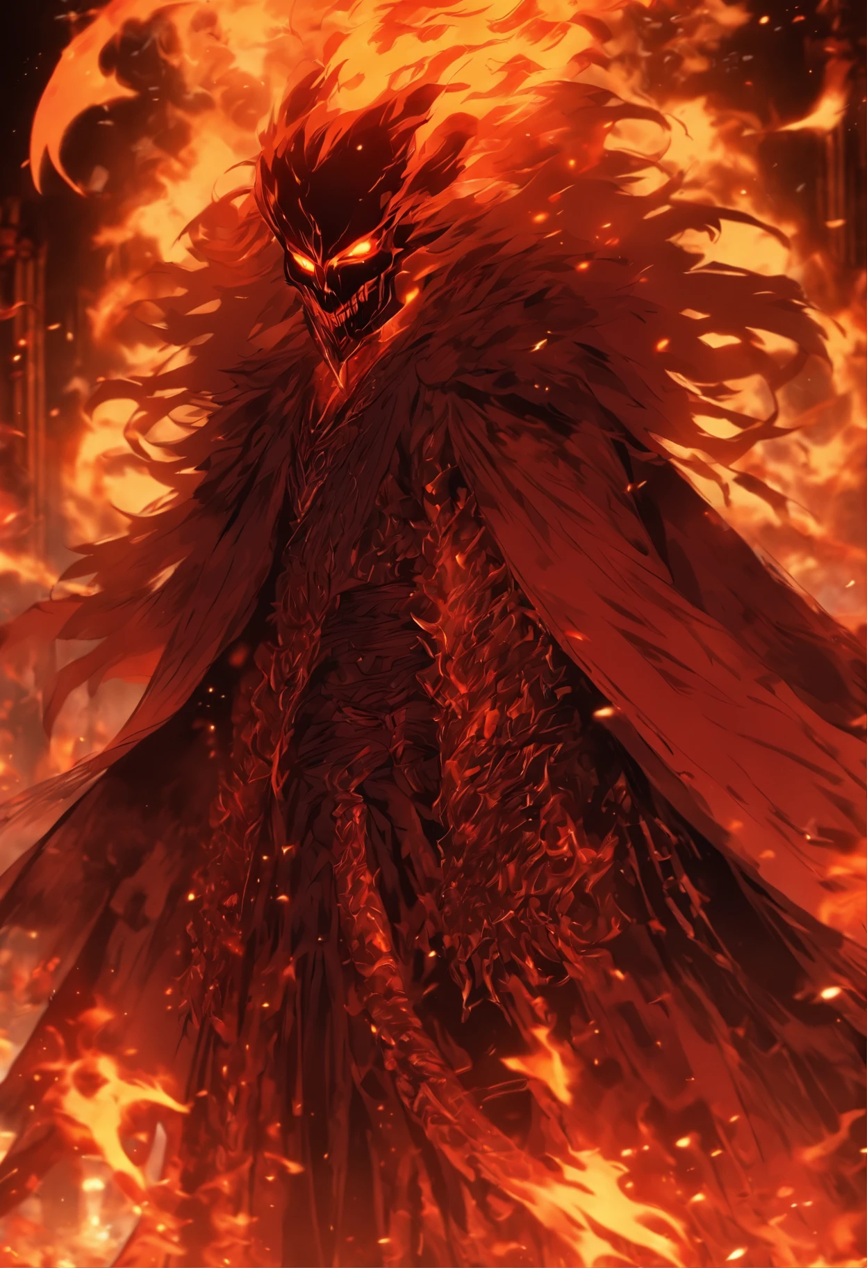 A man in a red cloak and a red cape stands in front of a fire - SeaArt AI