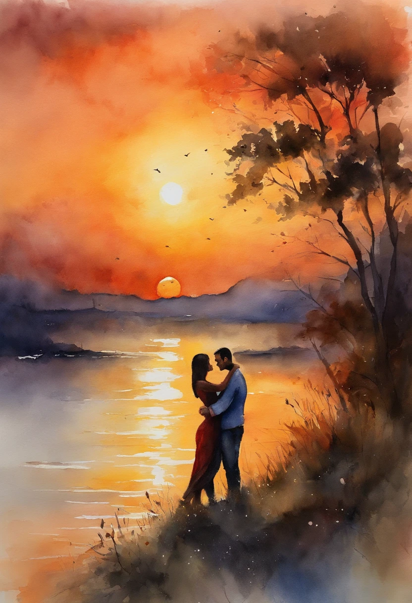 Painting of a couple hugging at sunset by the water - SeaArt AI