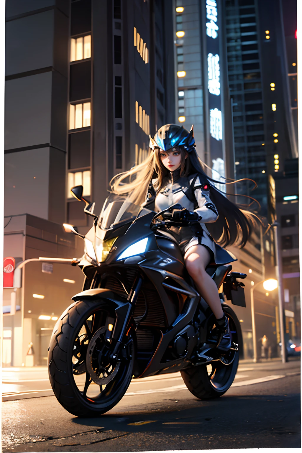 Anime girl on a motorcycle in the city at night - SeaArt AI