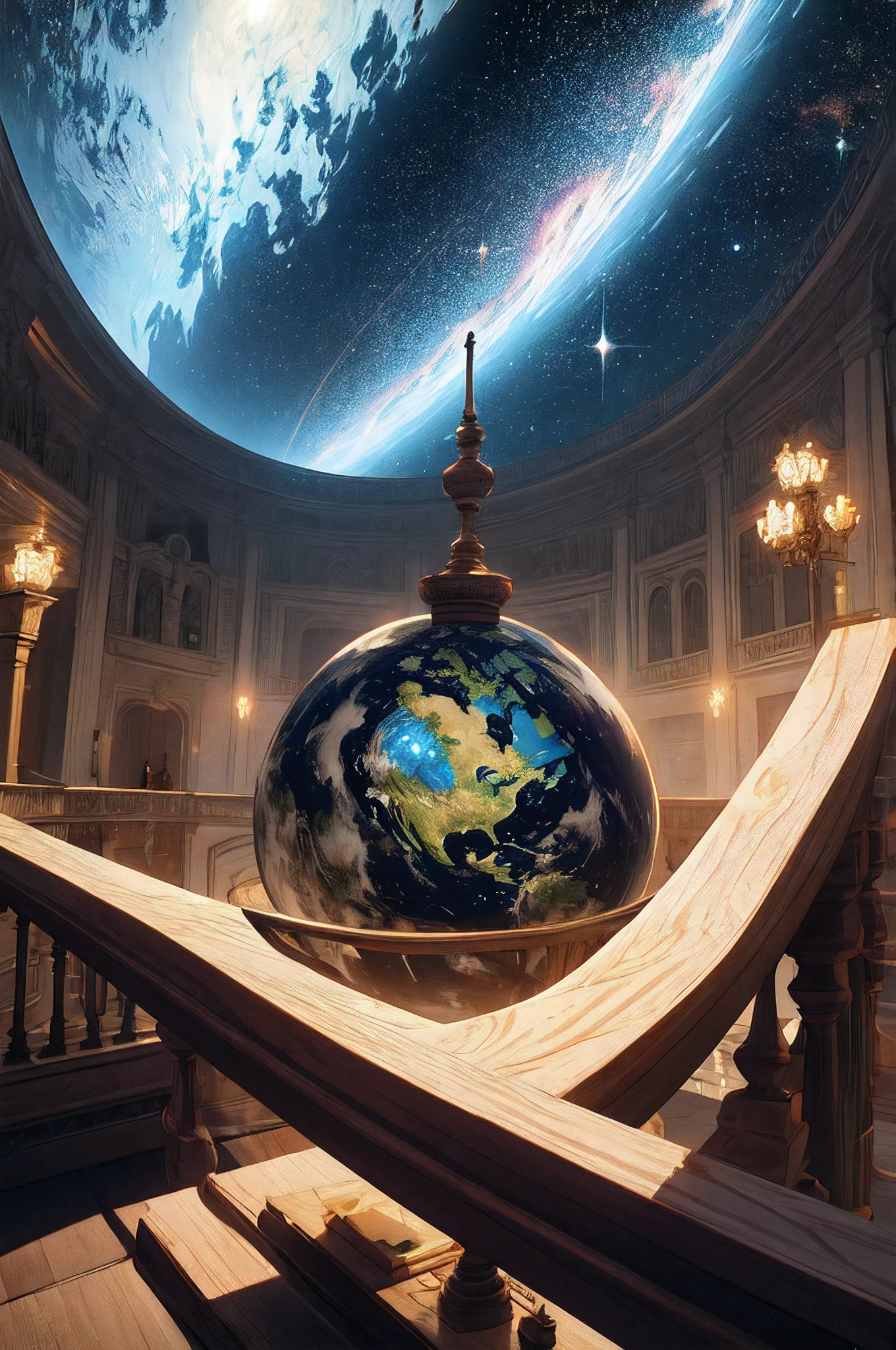 A view of a globe in a room with a staircase - SeaArt AI