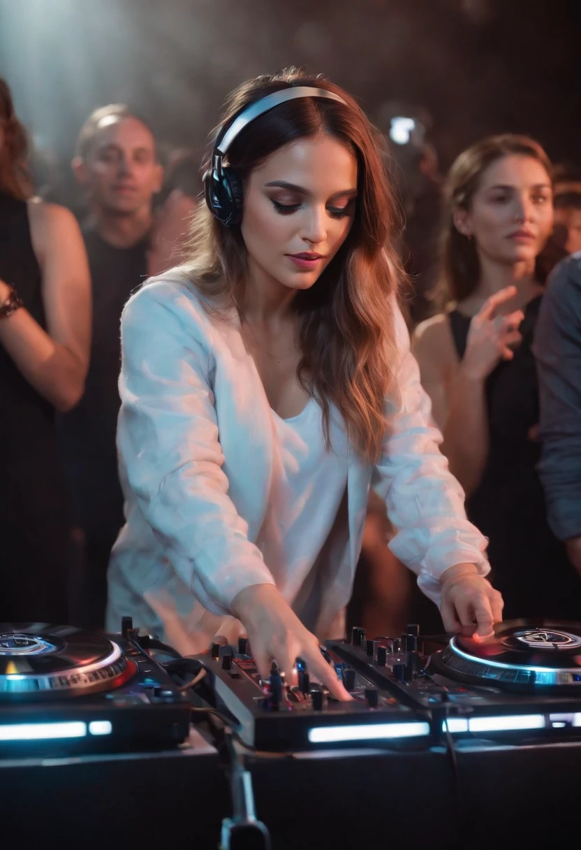 Arafed woman in headphones mixing music on a dj set - SeaArt AI