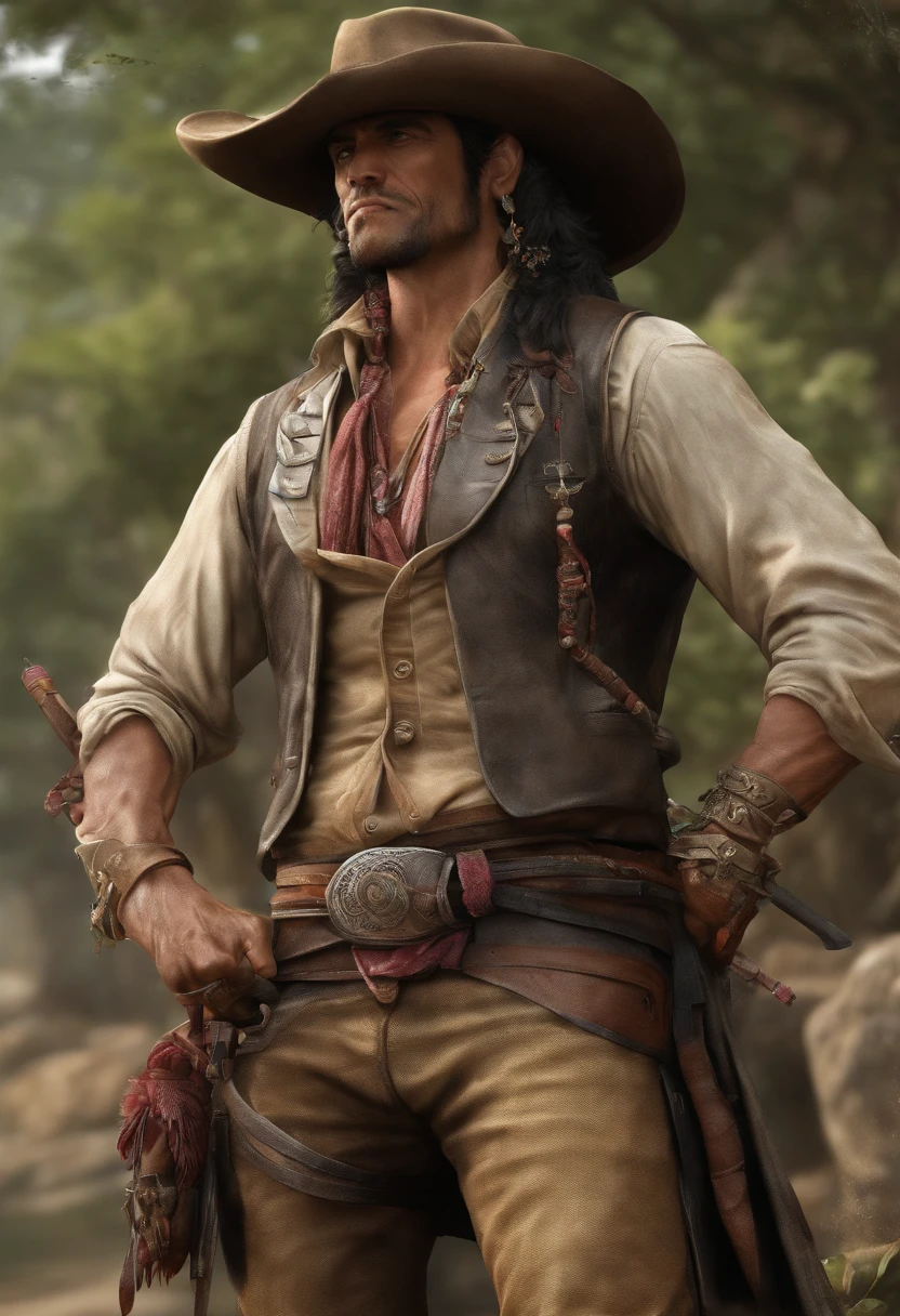 A close up of a man in a cowboy outfit holding a gun - SeaArt AI