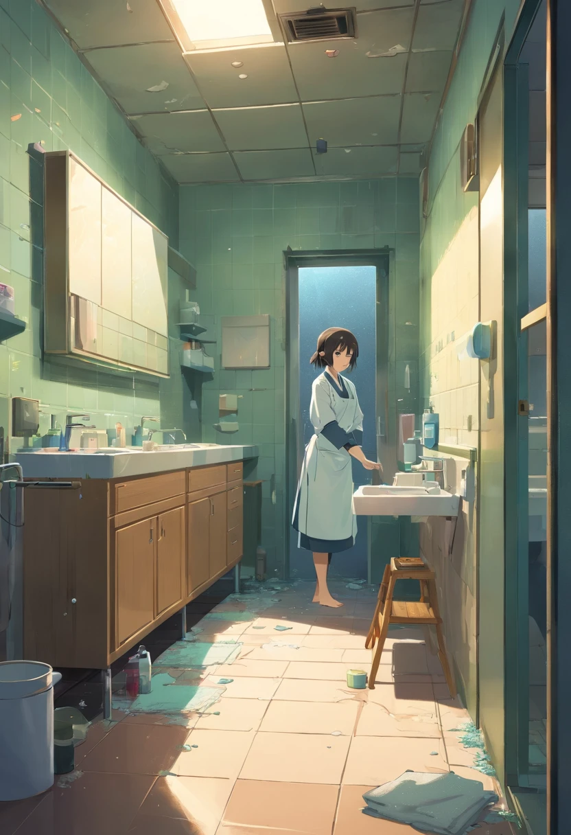 Anime - style scene of a woman in a green bathroom - SeaArt AI