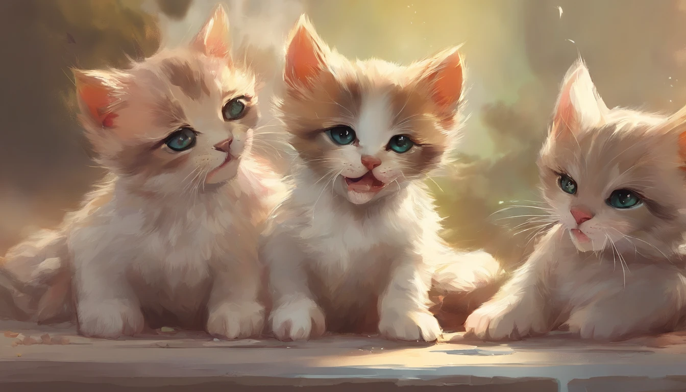 Three kittens sitting on a ledge with their eyes open - SeaArt AI