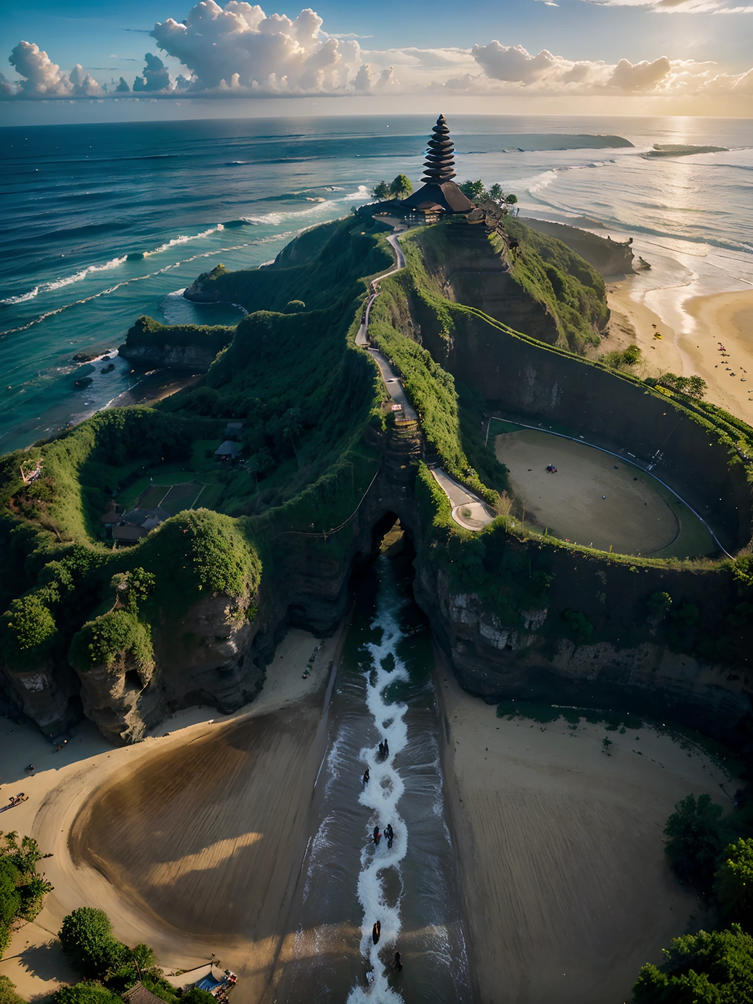 Aerial view of a beach with a waterfall and a small waterfall - SeaArt AI