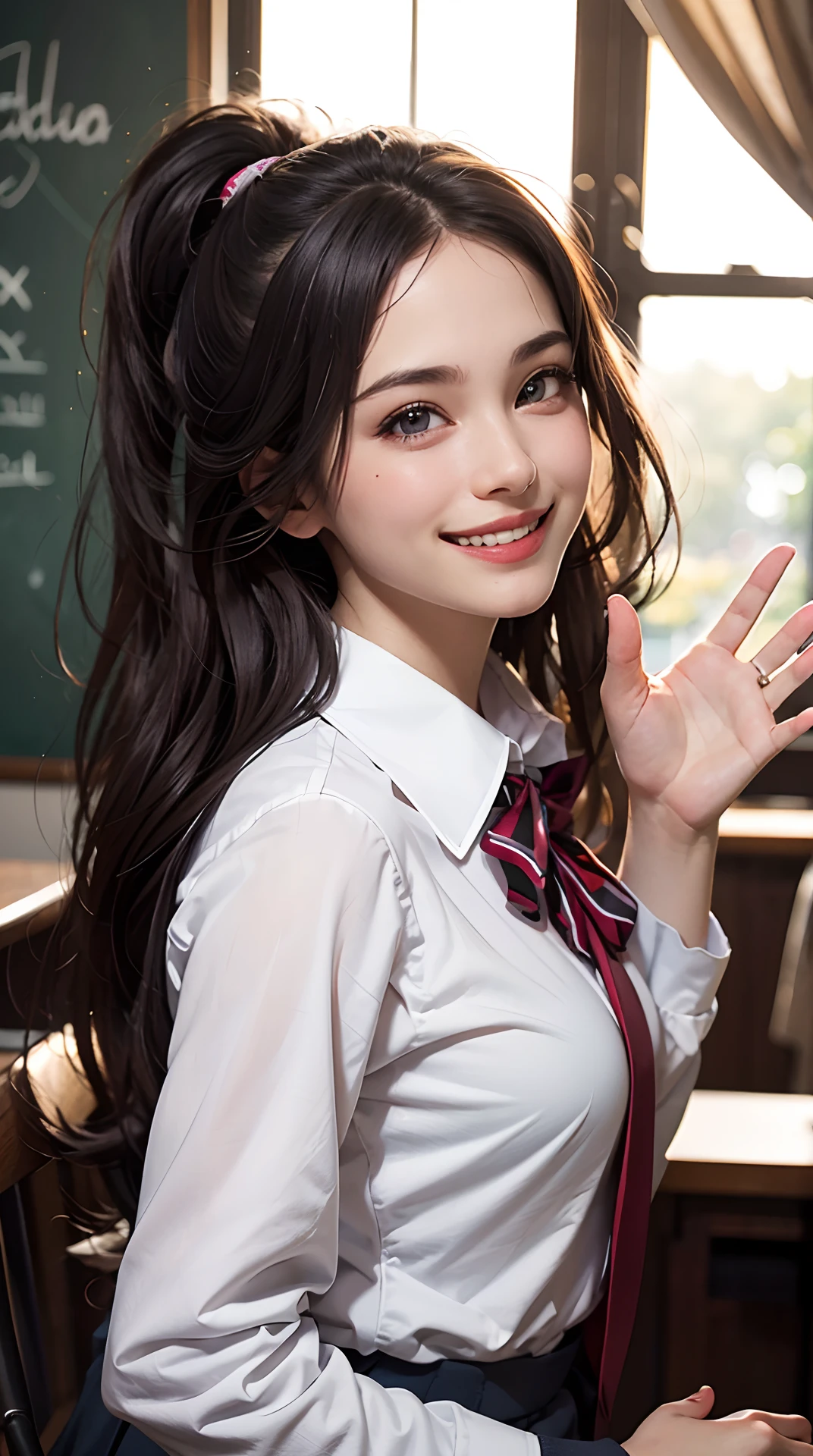 There is a woman that is posing for a picture in a school uniform ...