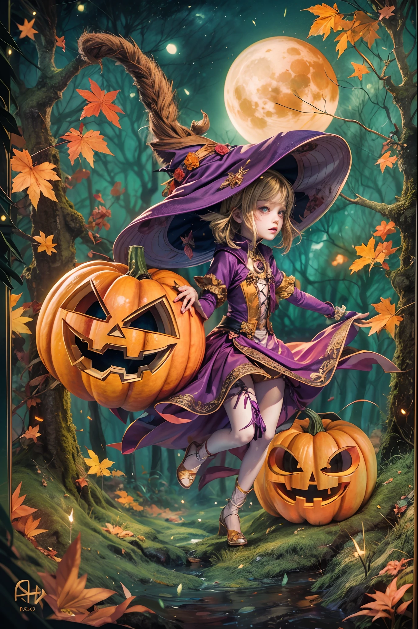 A painting of a girl in a witch costume holding a pumpkin - SeaArt AI