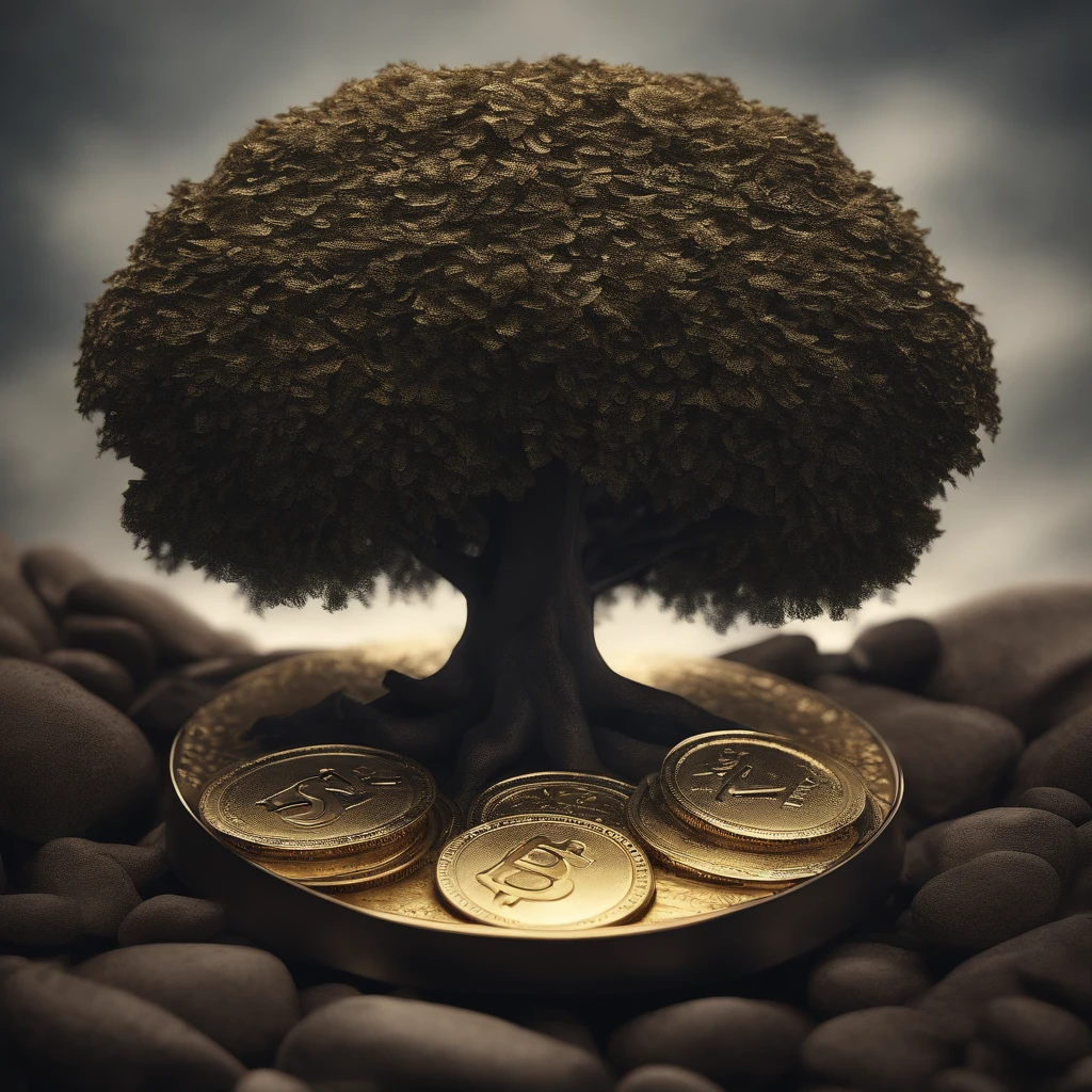 A close up of a tree with coins on a pile of rocks - SeaArt AI