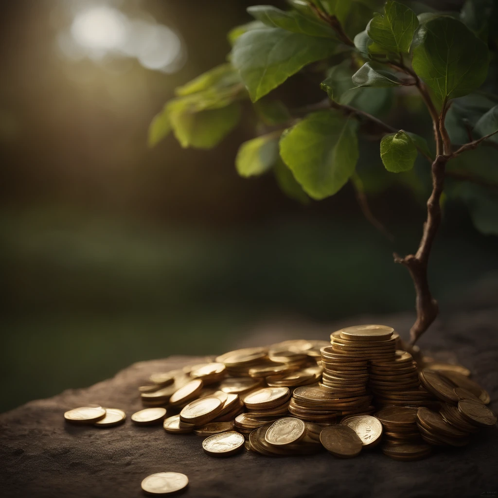A close up of a tree with coins on a rock - SeaArt AI