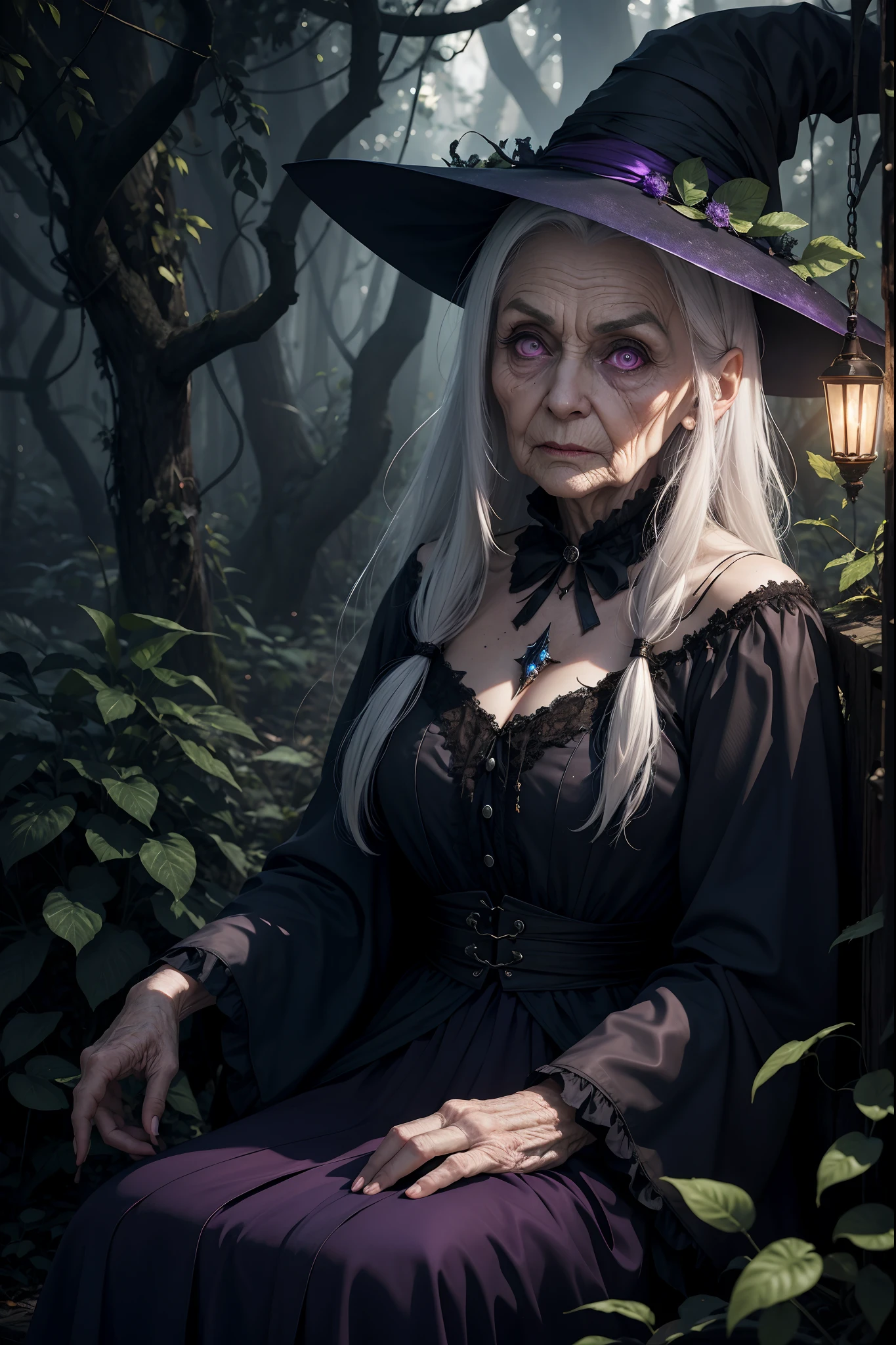 Witch in a purple dress and hat sitting in a forest - SeaArt AI
