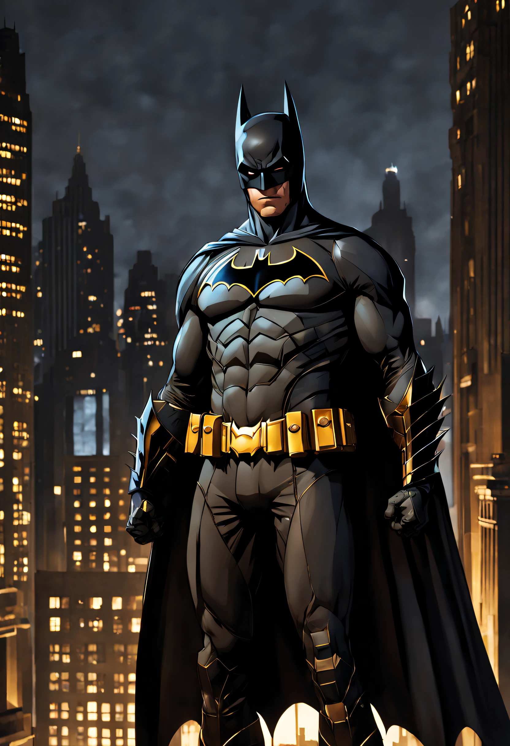 Batman standing in the city at night with his cape open - SeaArt AI
