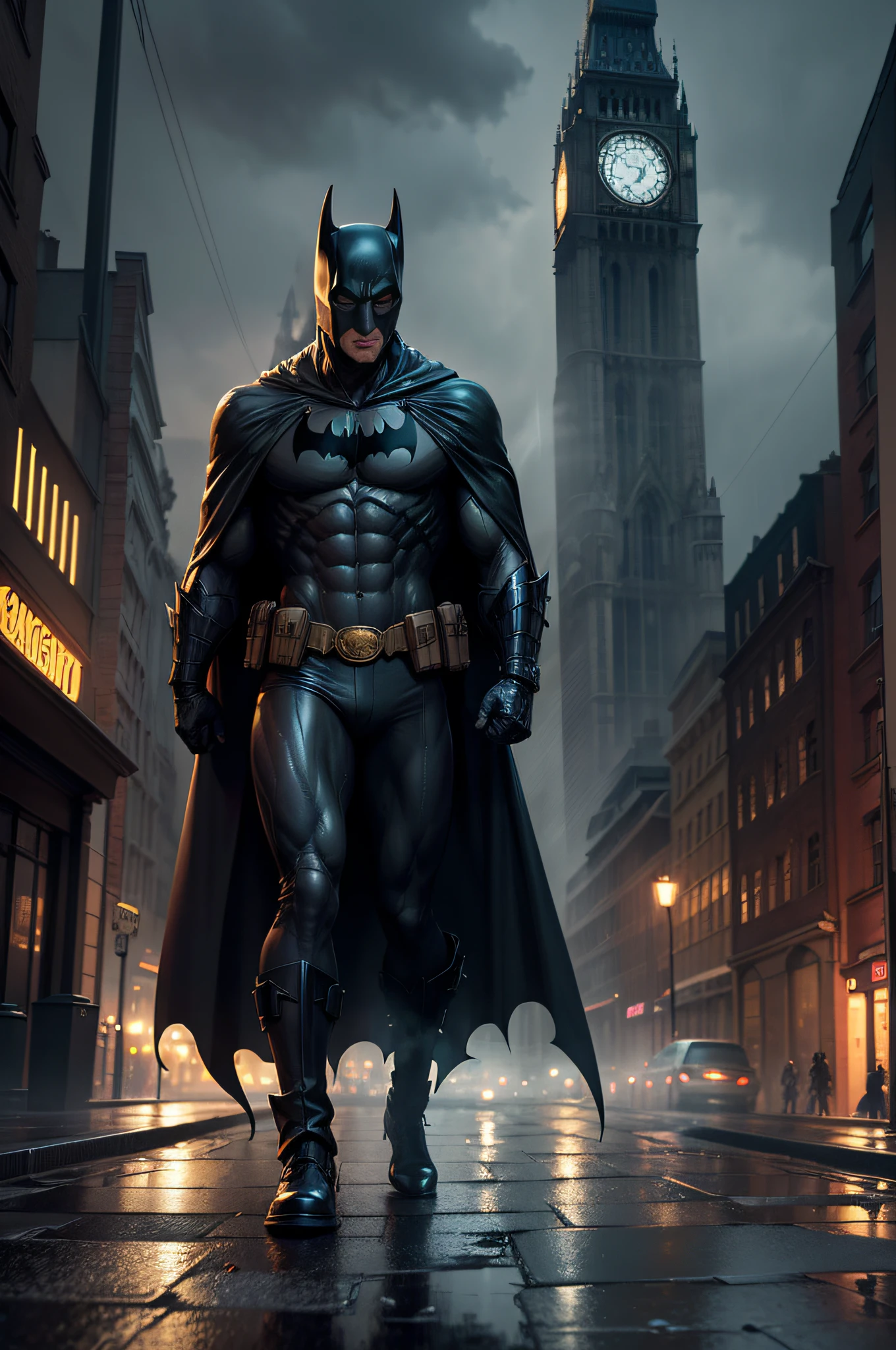 Batman standing in the rain in front of a clock tower - SeaArt AI