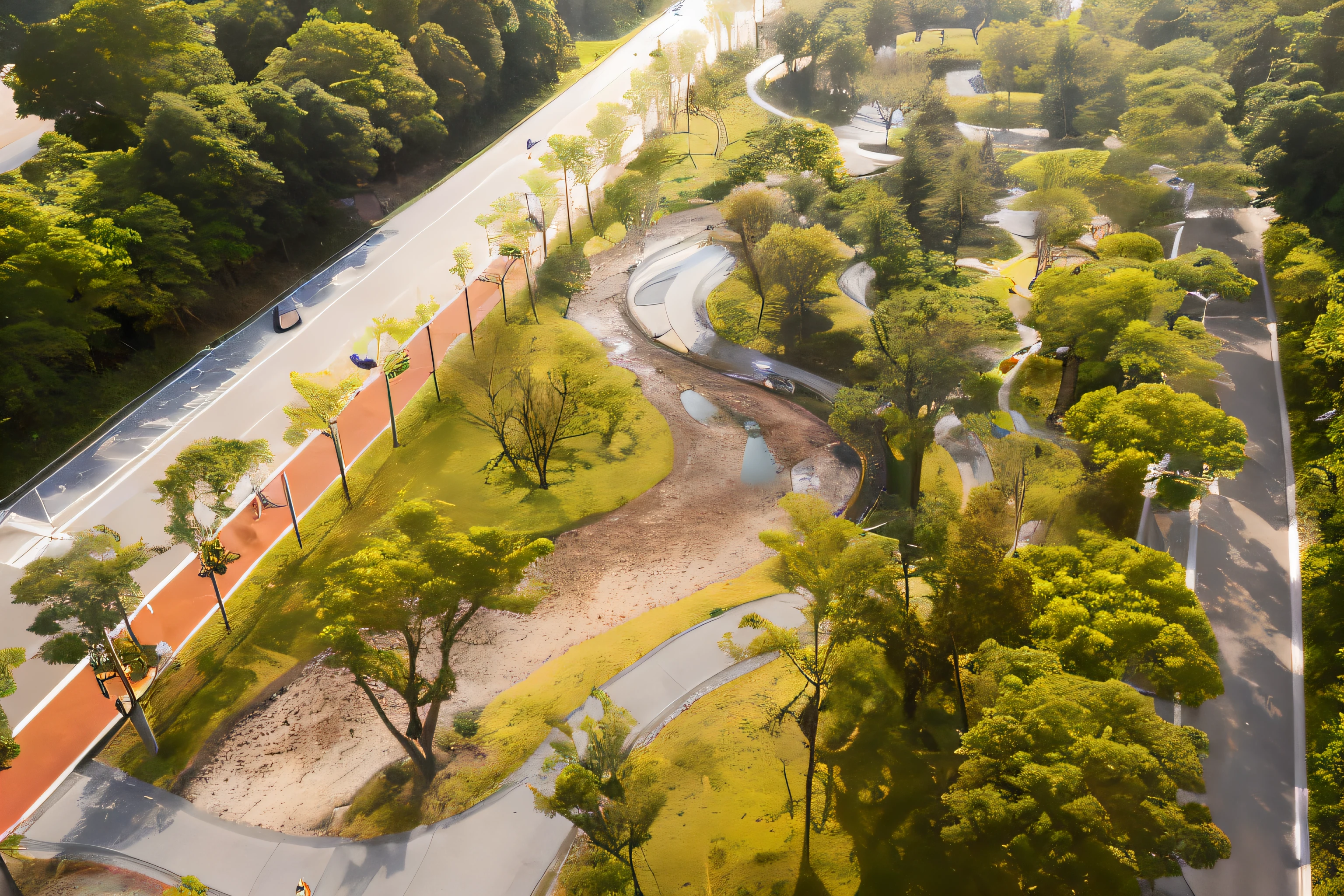 Aerial view of a park with a road and a park with trees - SeaArt AI