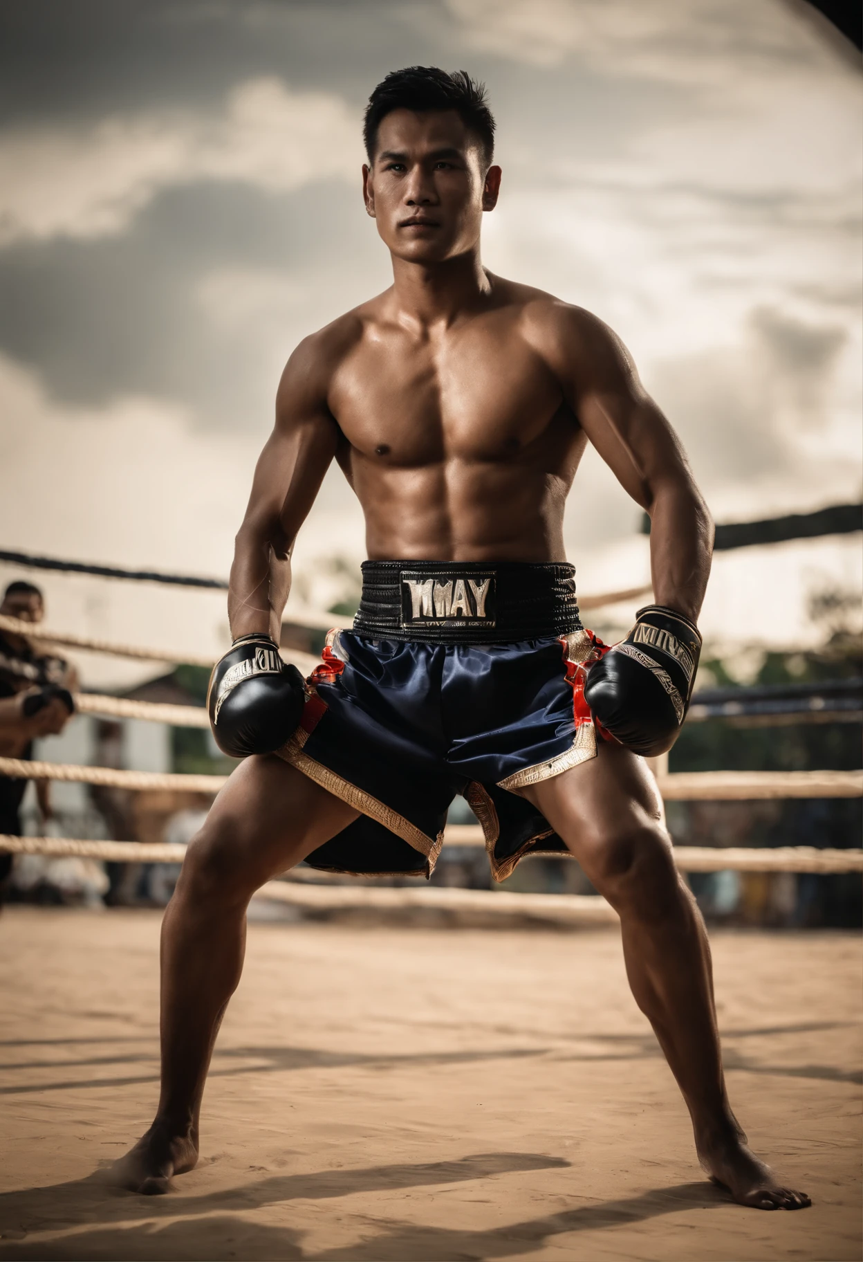 A man in boxing gear standing in a ring with his hands on his hips ...