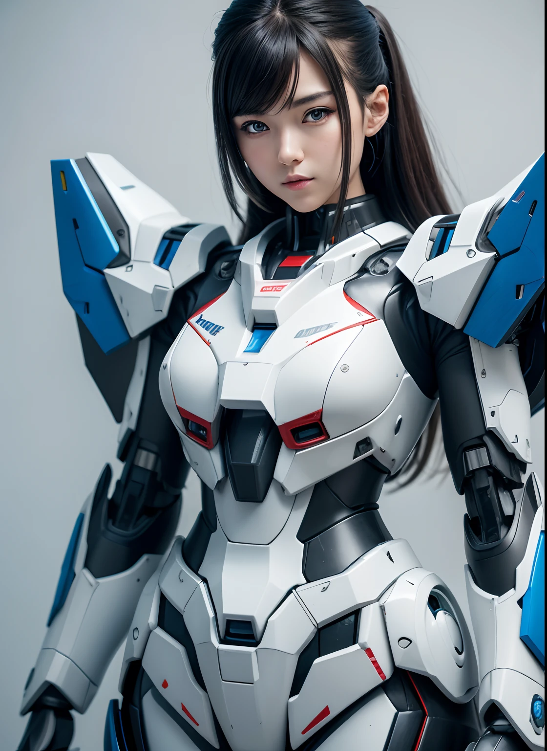 A close up of a woman in a white and blue suit - SeaArt AI