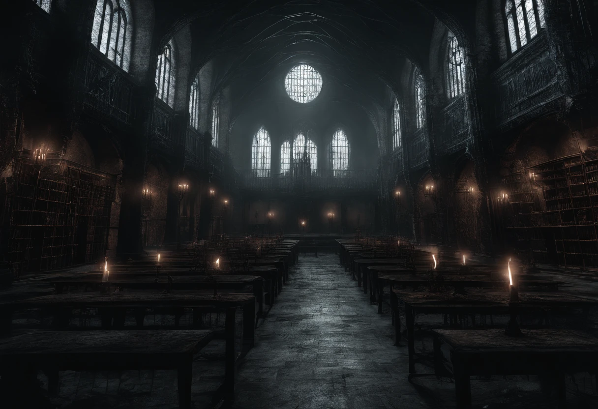 A dark room with a long table and many books - SeaArt AI