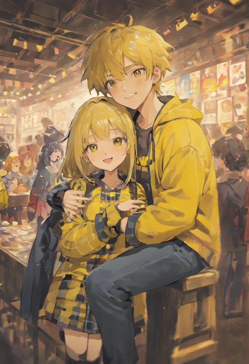 A couple of anime characters sitting on a bench in a restaurant - SeaArt AI