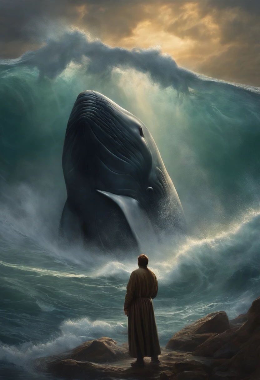 A man standing on a rock looking at a whale in the ocean - SeaArt AI