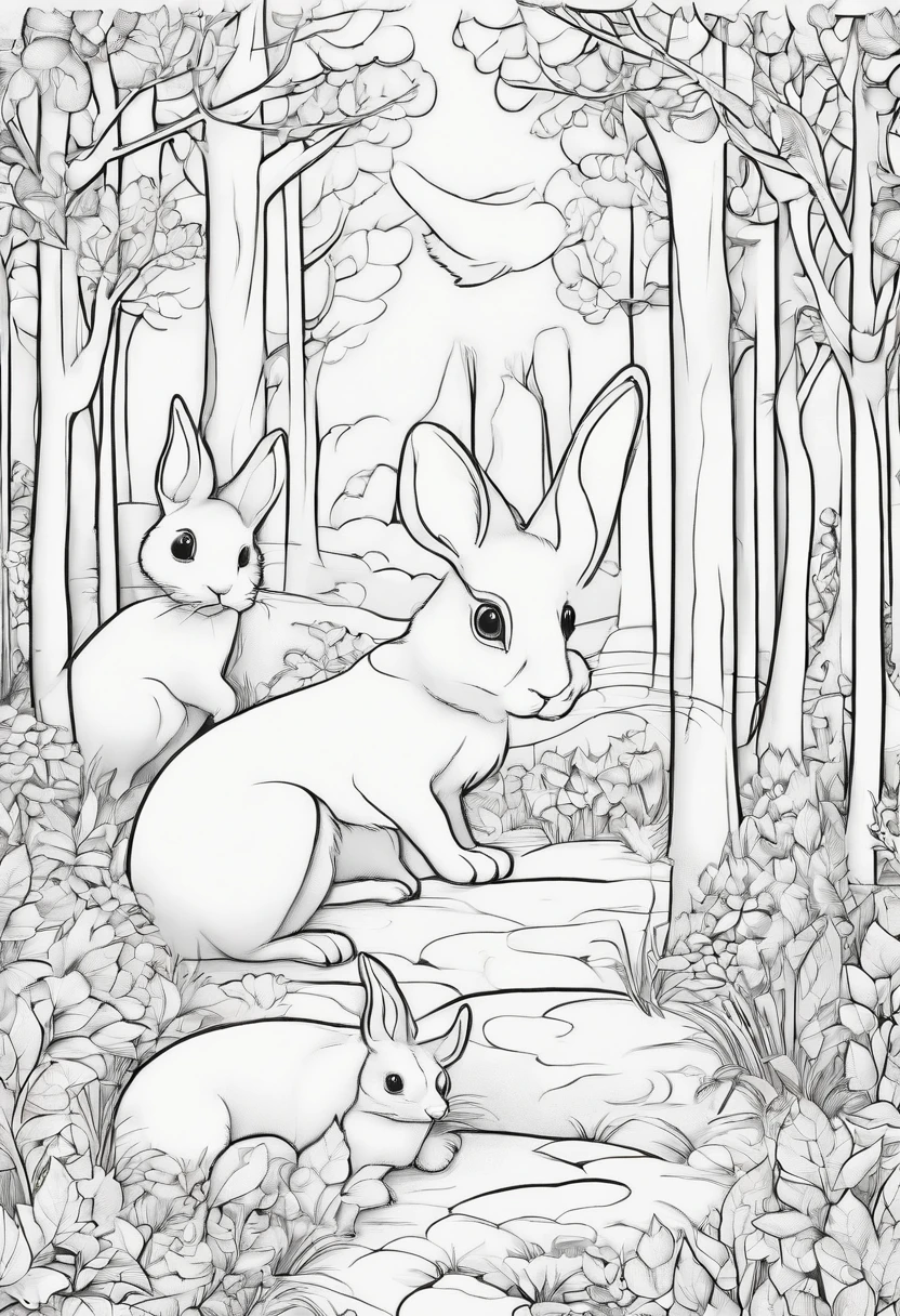 A drawing of three rabbits in the woods with trees and flowers - SeaArt AI