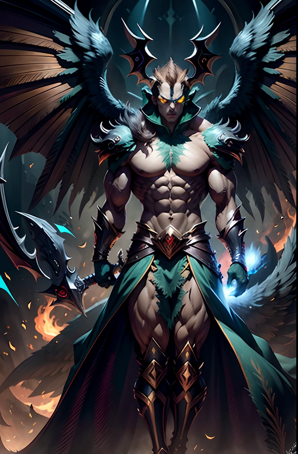 A man with wings and a sword standing in front of a fire - SeaArt AI