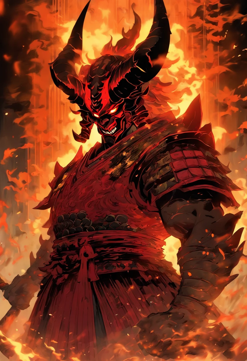 A red demon with horns and a red robe stands in front of a fire - SeaArt AI