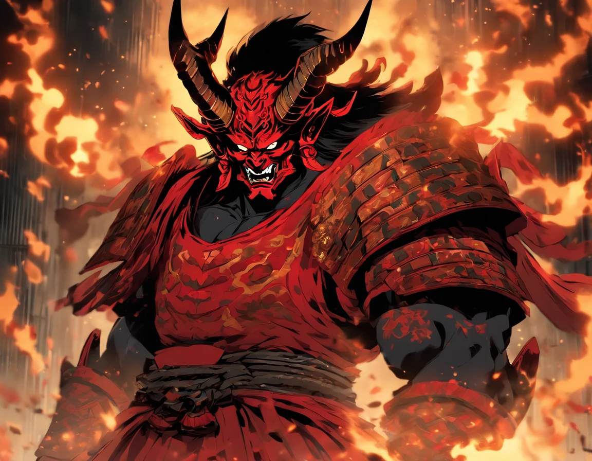 A close up of a demon with a red face and horns - SeaArt AI