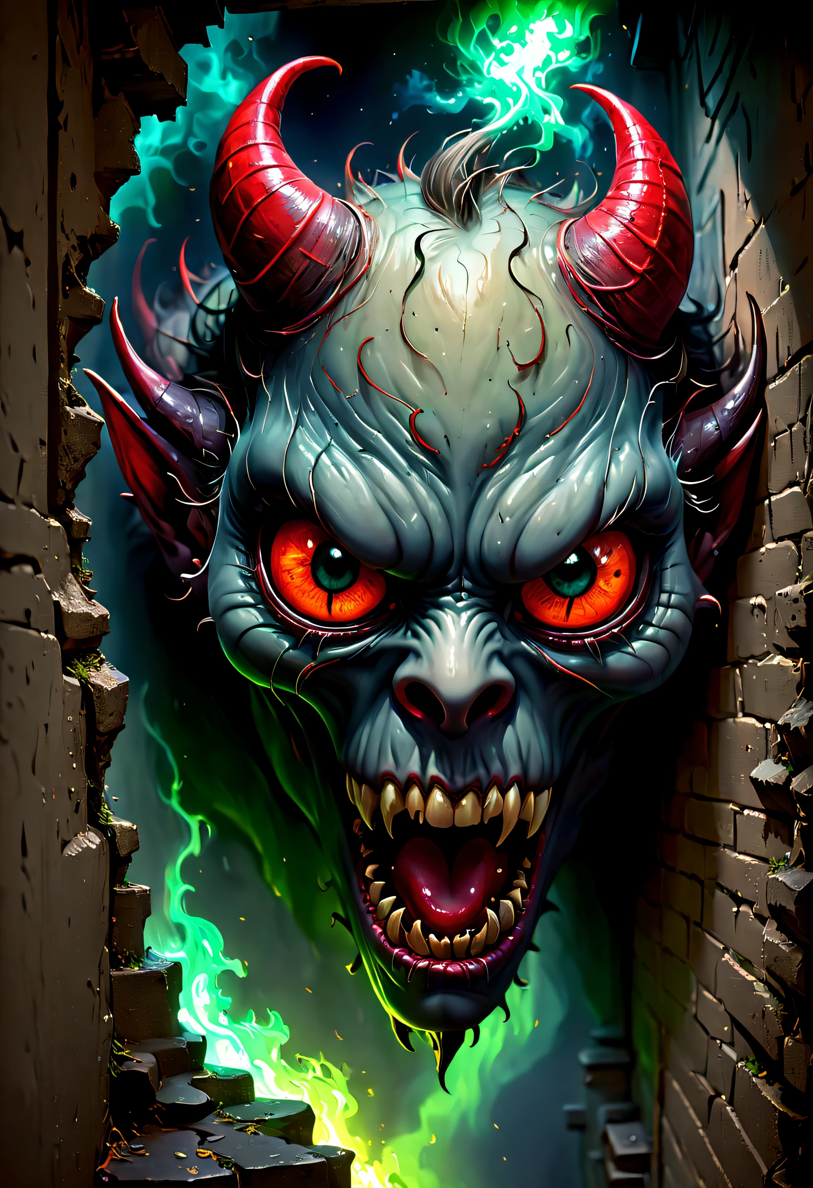 A close up of a demonic face with red eyes and a green fire - SeaArt AI