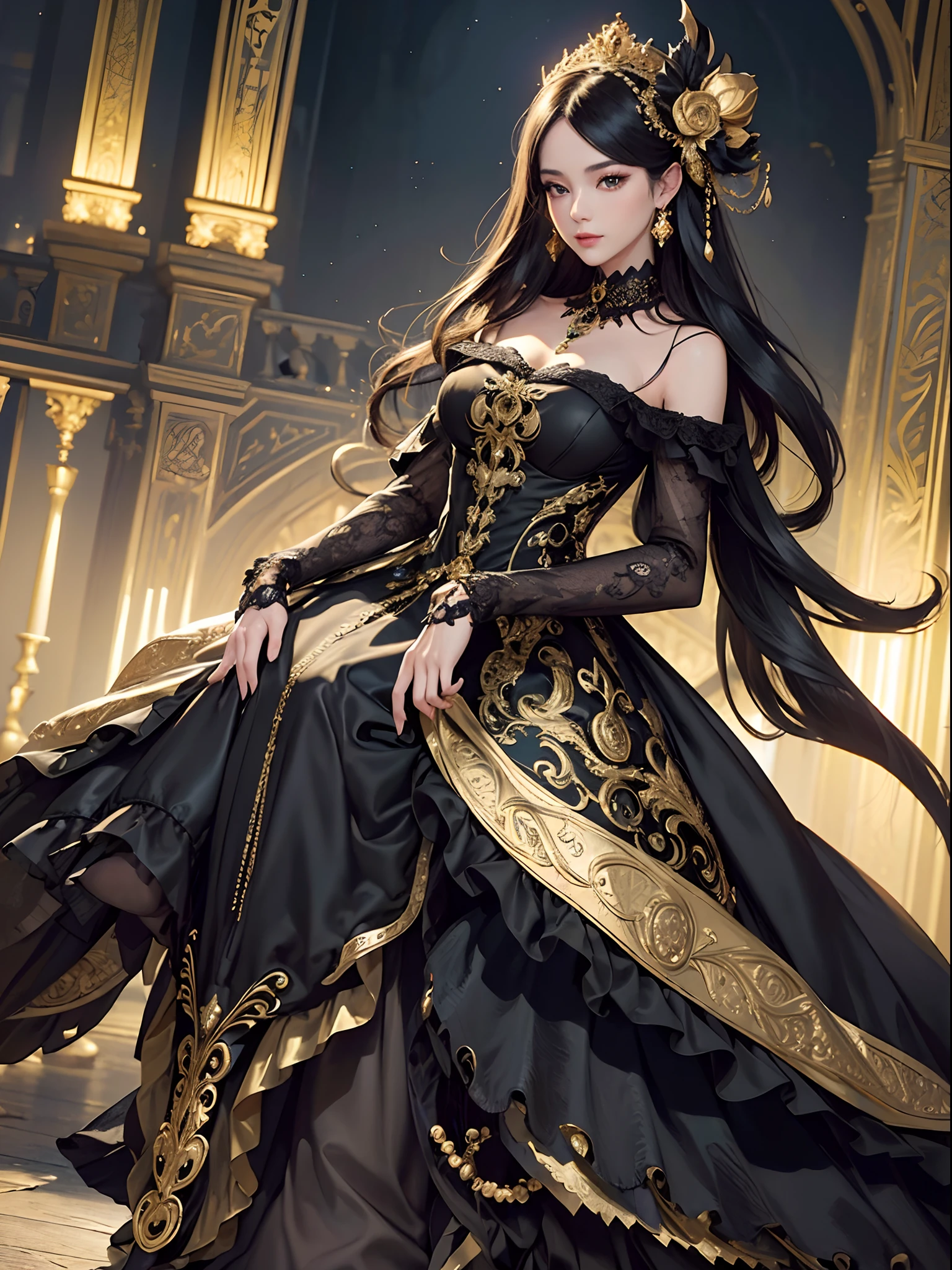 A woman in a black and gold dress standing in a room - SeaArt AI