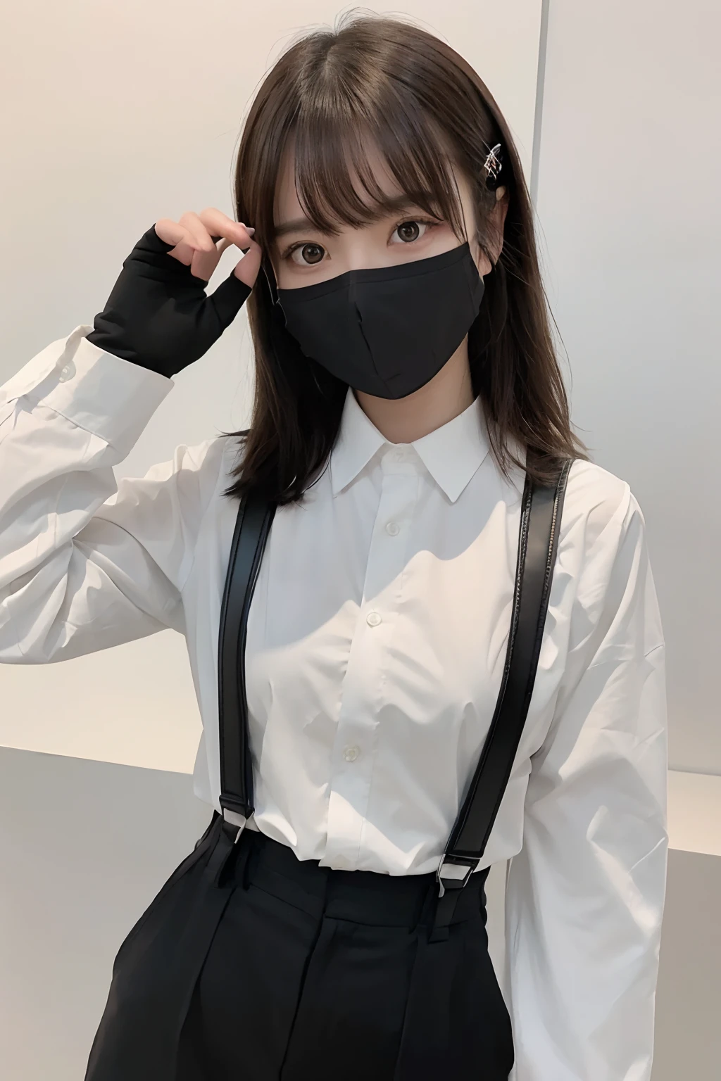 A woman wearing a black mask and suspenders is posing for a picture ...
