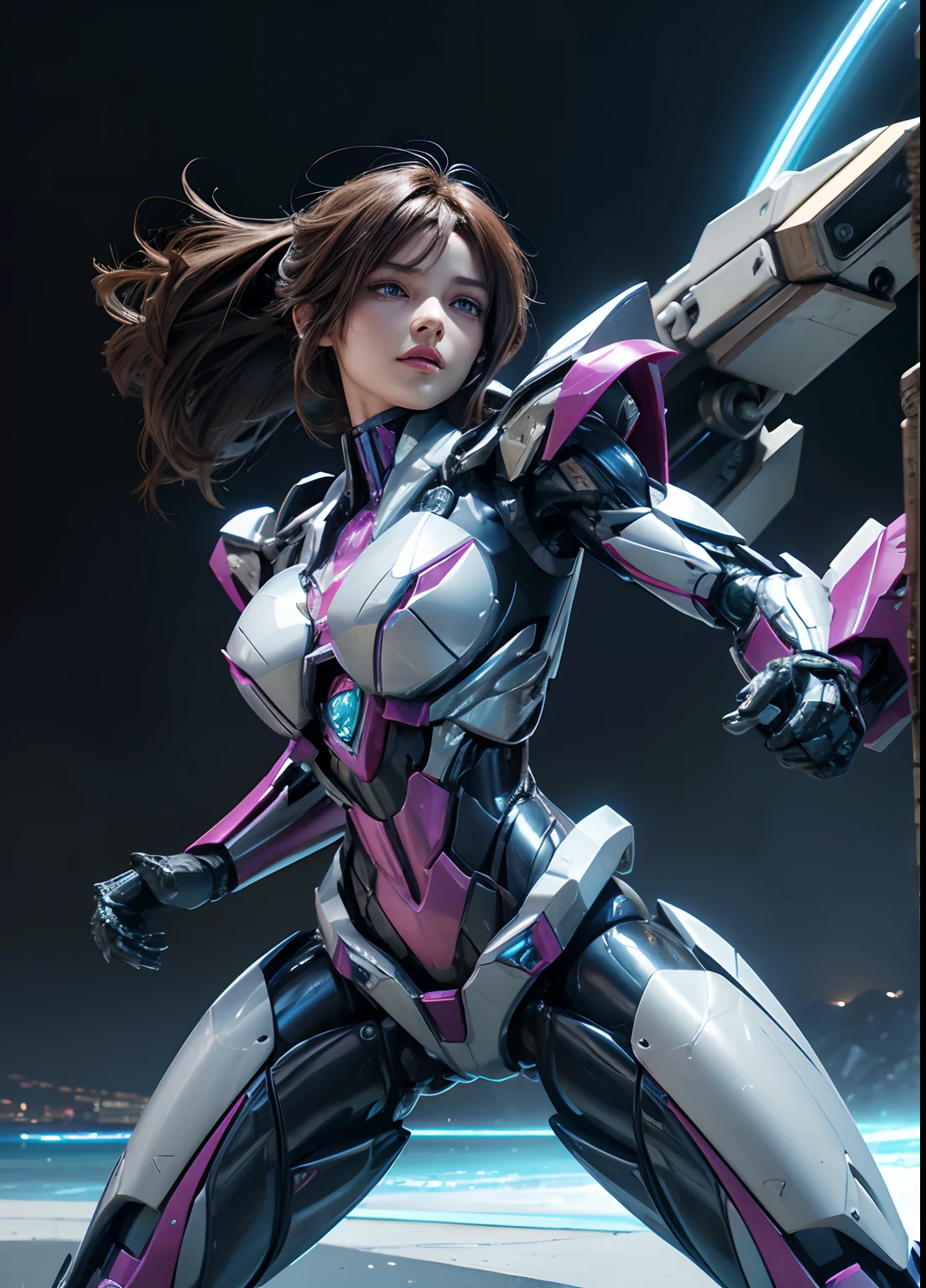 A woman in a futuristic suit holding a large weapon - SeaArt AI
