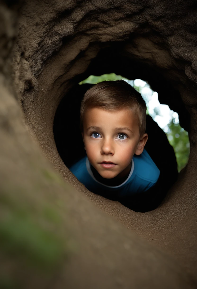 A close up of a young boy looking out of a hole in a tree - SeaArt AI