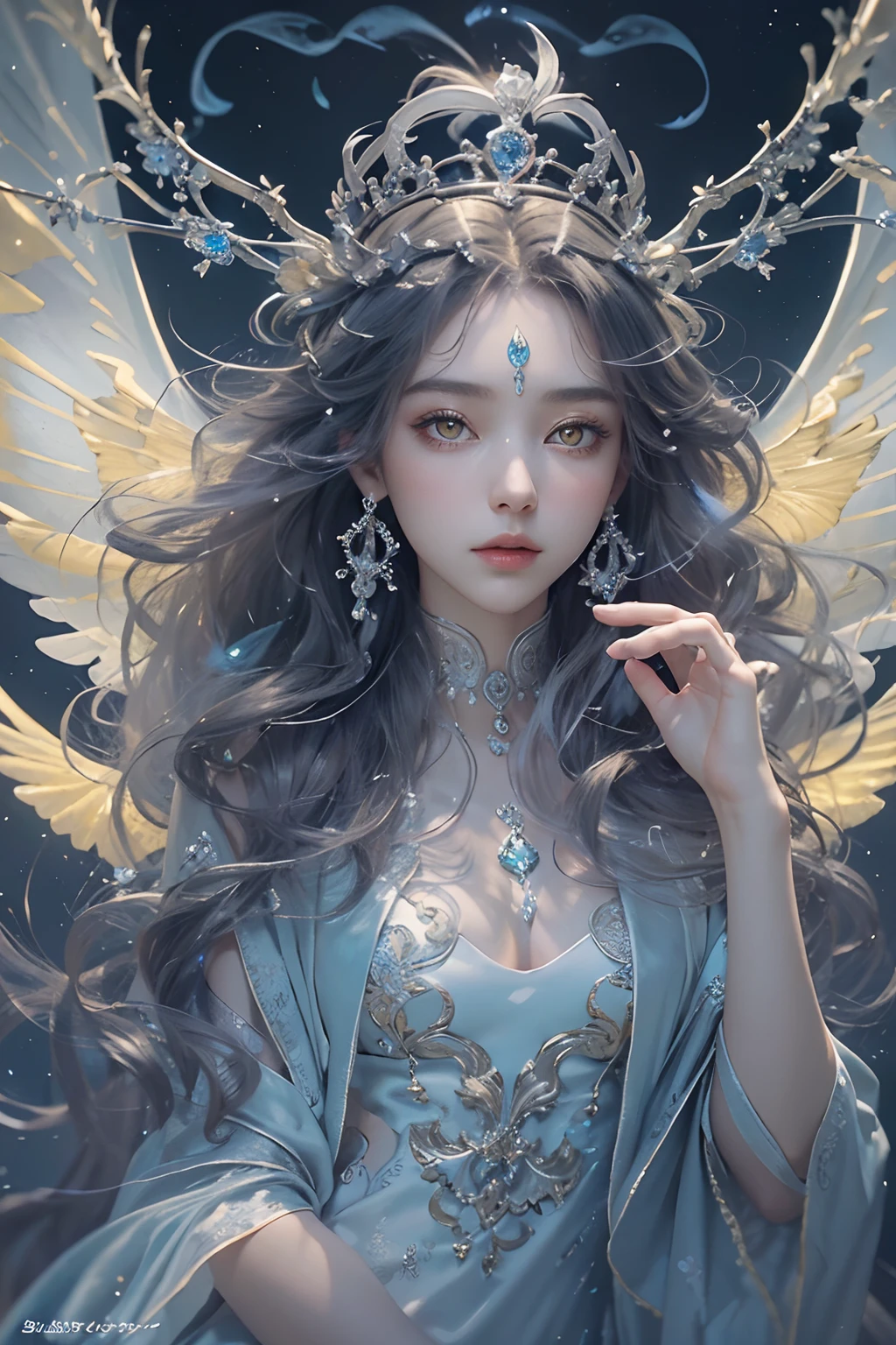 A woman with long hair and a tia is dressed in a blue dress - SeaArt AI