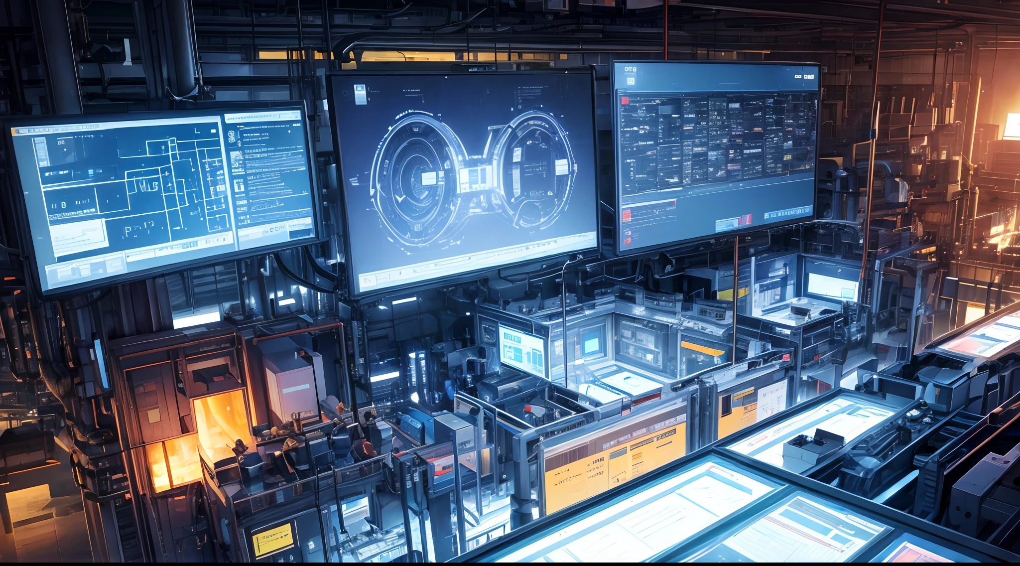 Arafed view of a large room with multiple monitors and a lot of lights ...