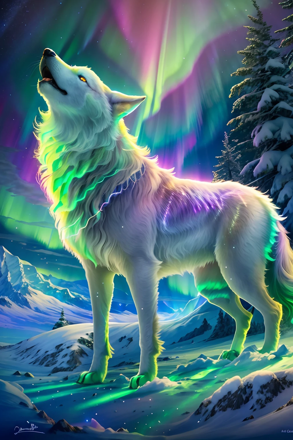A wolf standing in the snow with aurora lights in the background ...