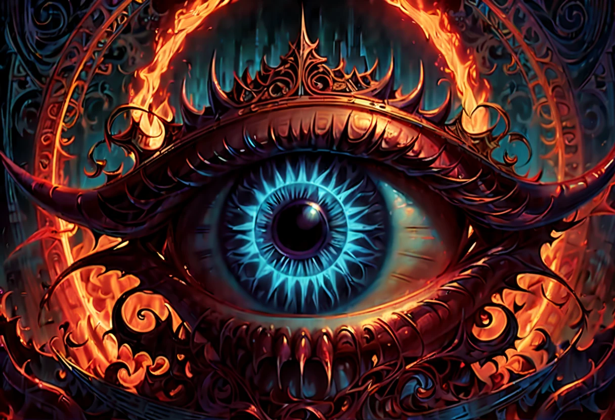 A close up of a demonic looking eye with flames surrounding it - SeaArt AI
