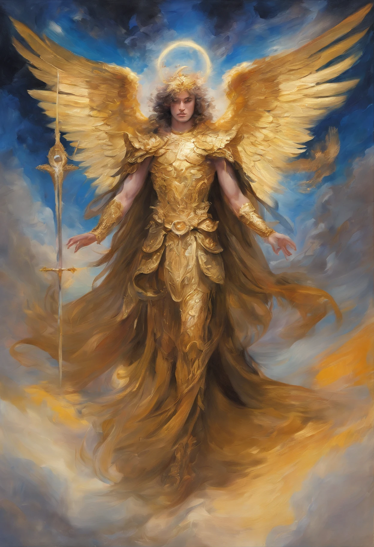A painting of an angel with a staff and a sword - SeaArt AI