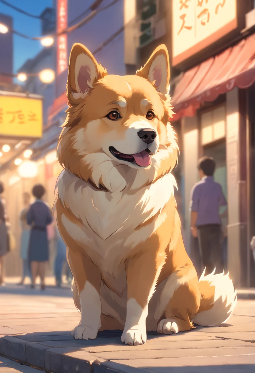 A close up of a dog sitting on a sidewalk near a building - SeaArt AI