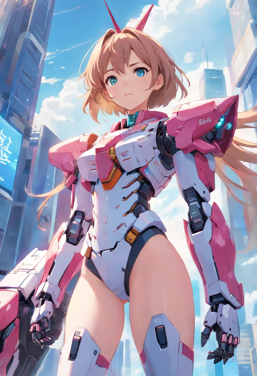 A woman in a pink and white suit standing in front of a tall building - SeaArt AI