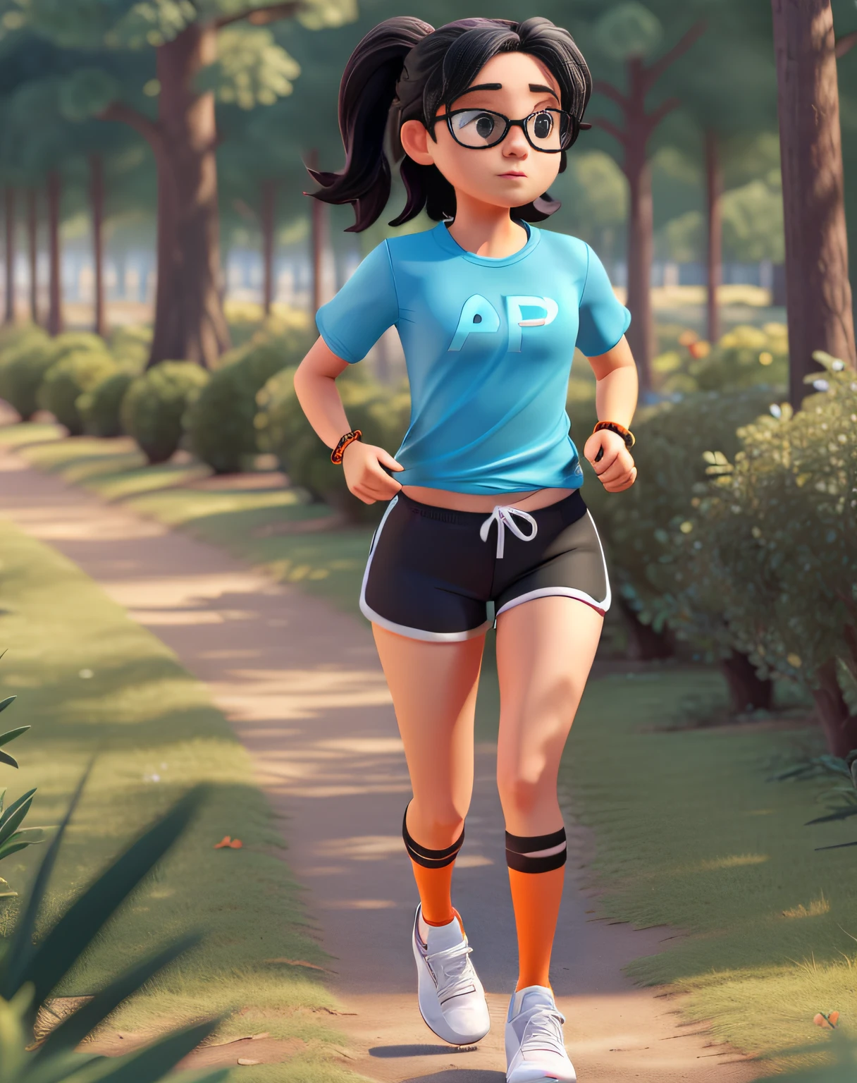 A cartoon girl running in a park with trees and bushes - SeaArt AI