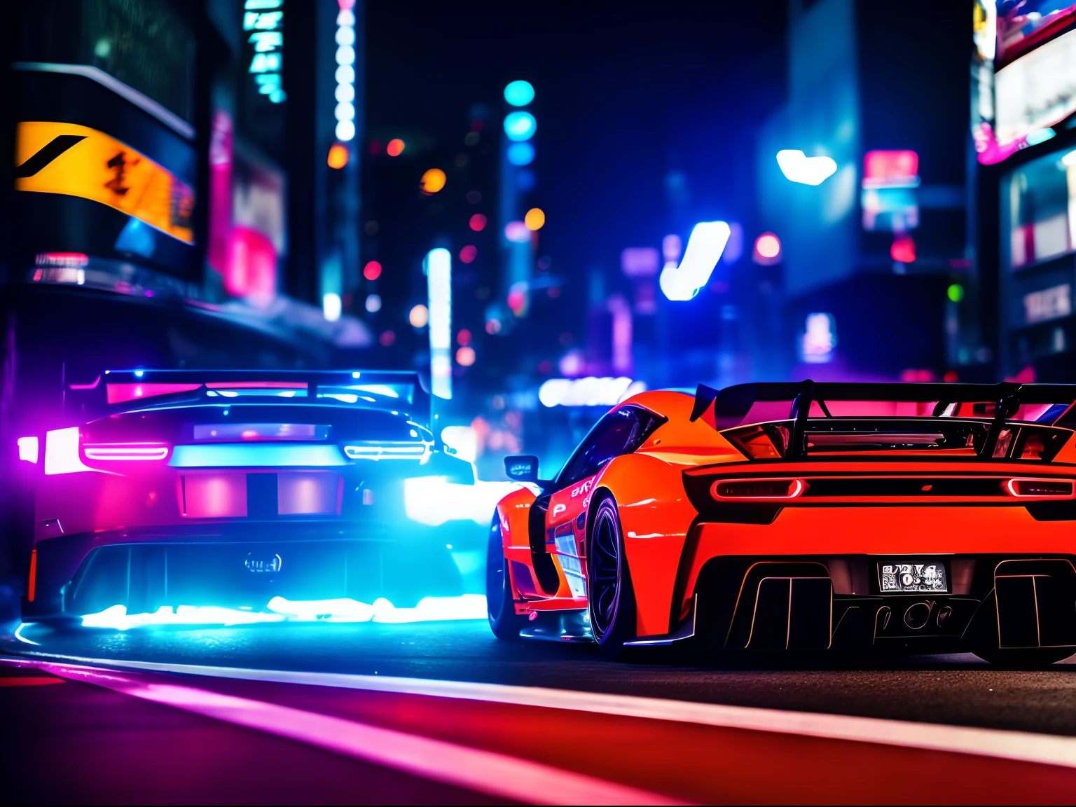 Two sports cars driving down a city street at night - SeaArt AI