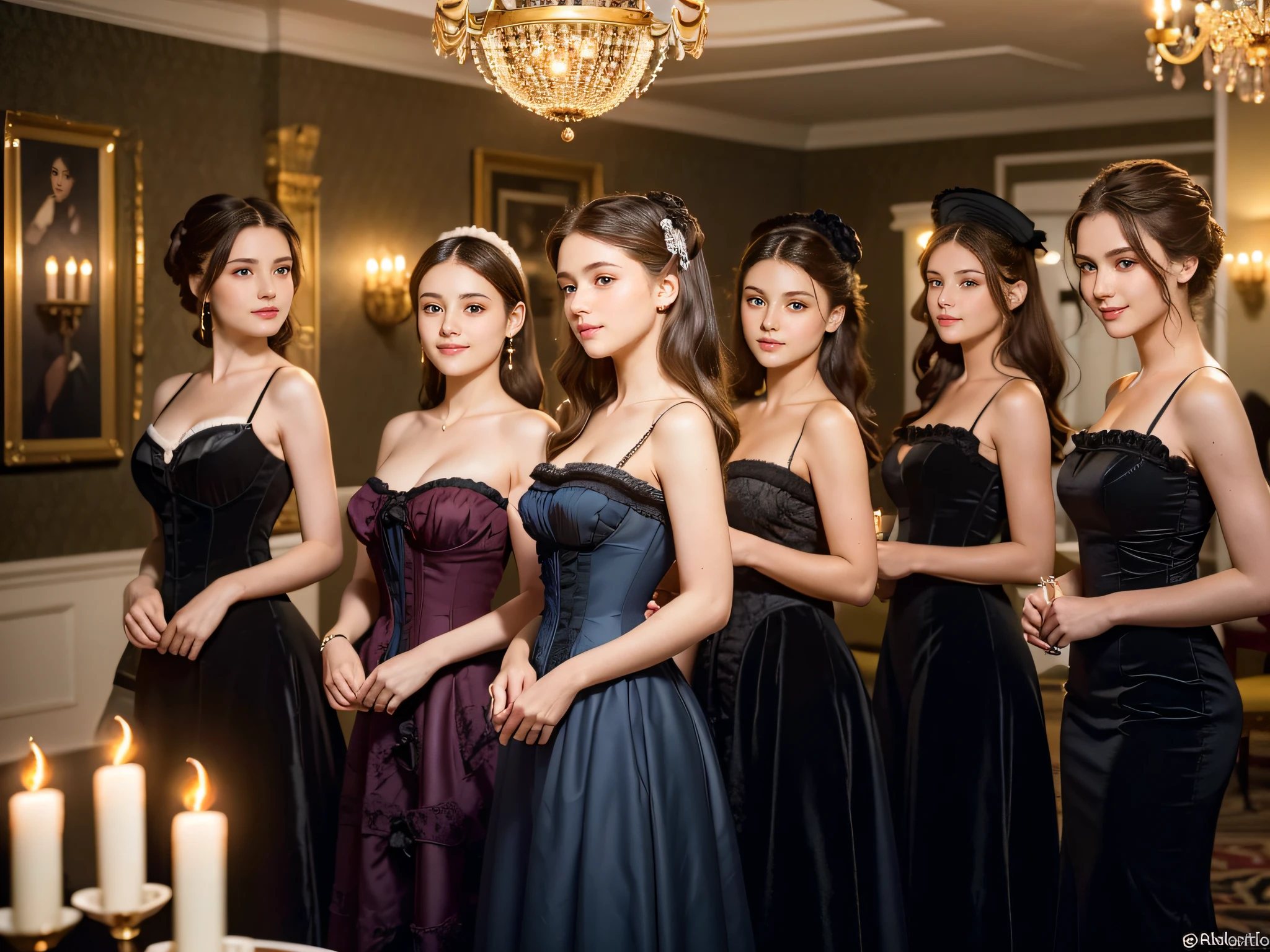 A group of women in dresses standing in a room with candles - SeaArt AI
