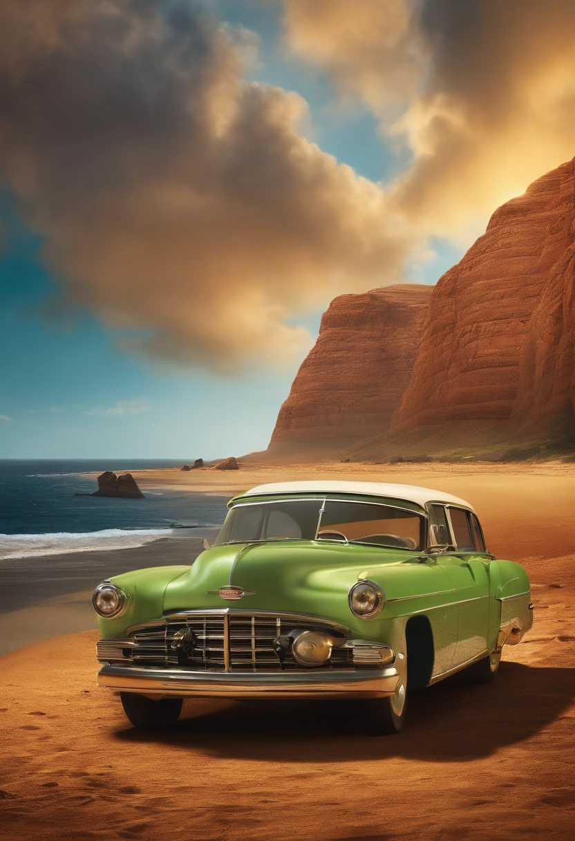 Painting of a green car parked on a beach near a cliff - SeaArt AI