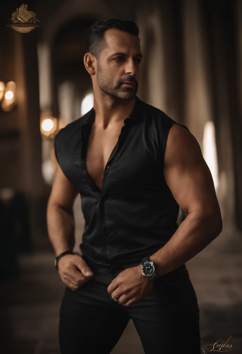 A man in a black shirt and black pants posing for a picture - SeaArt AI